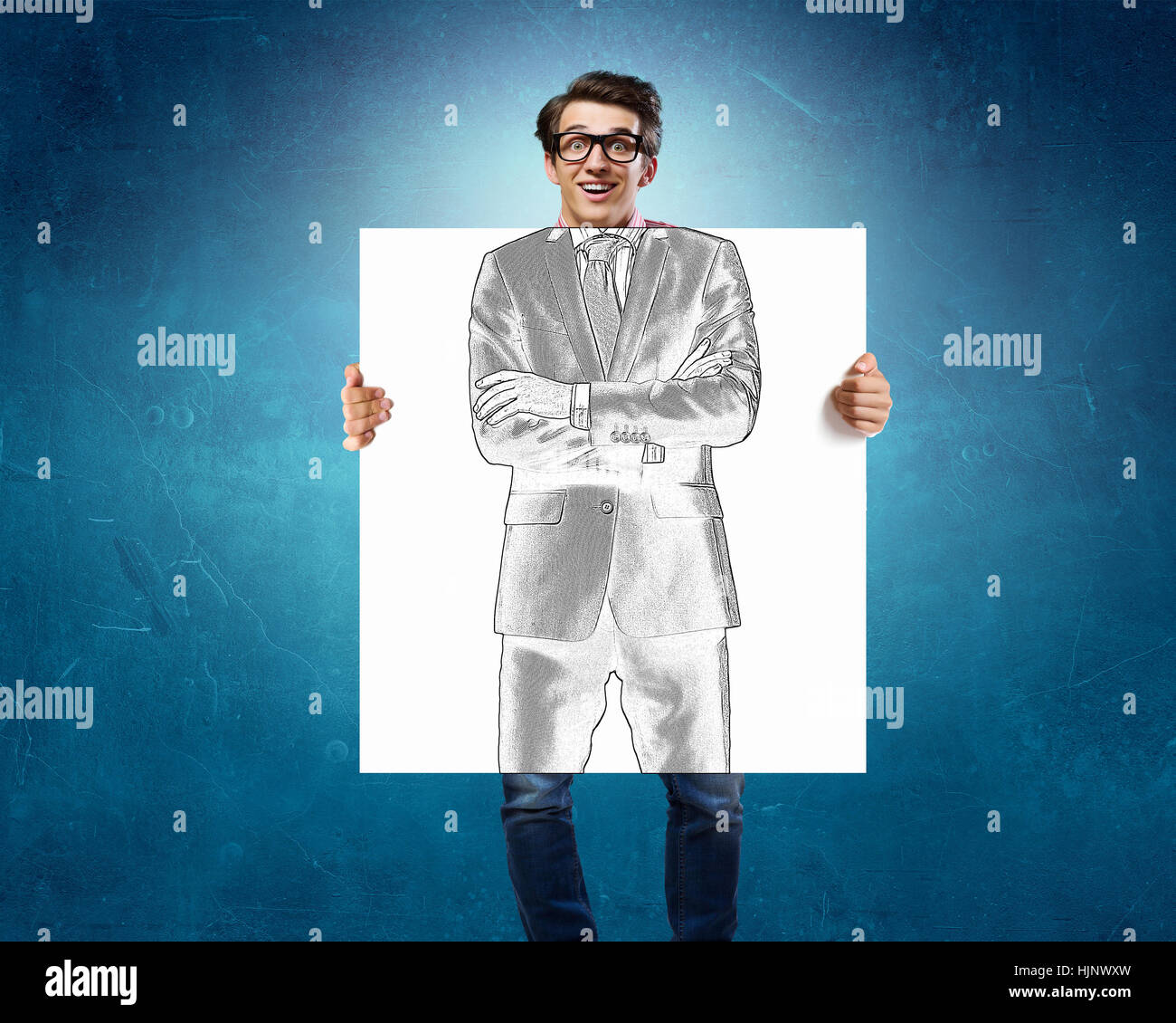 Young businessman showing white banner with his body sketches hi-res ...