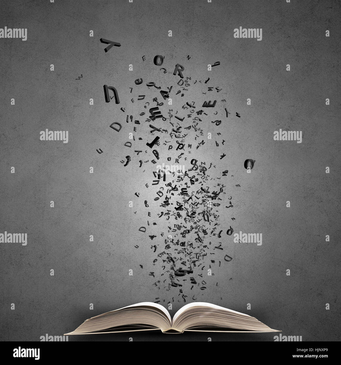 Opened book with characters flying of pages Stock Photo - Alamy