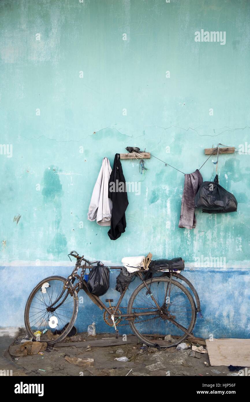 still life, blue, green, indonesia, wall, slum, dirty, clothes ...