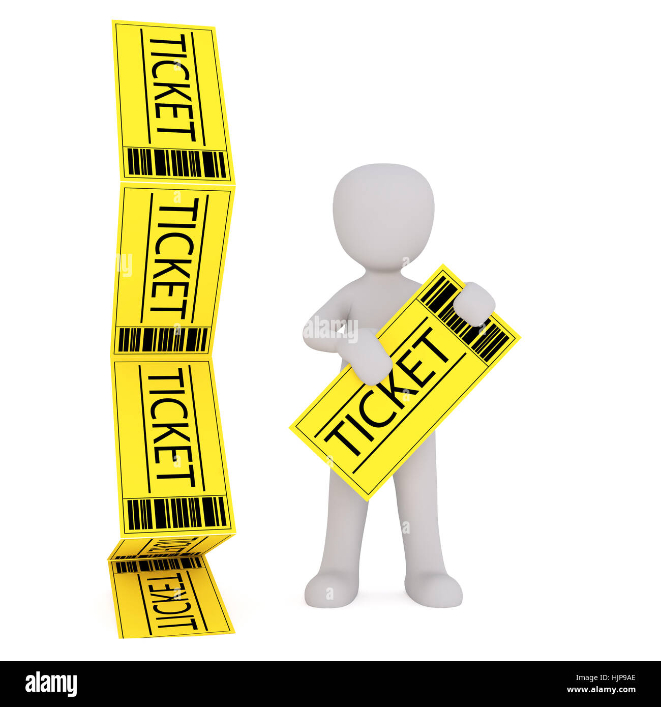 3d toon stood with strip of yellow tickets, white background with copy ...