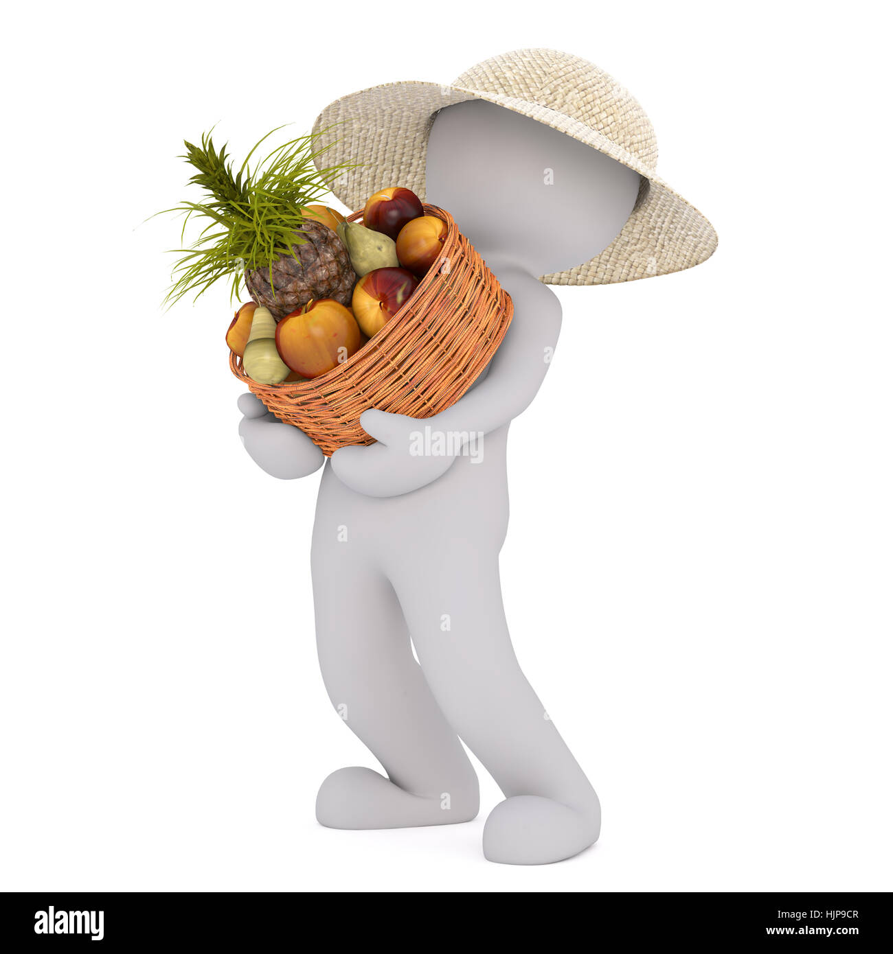 Faceless 3D man character of farmer in straw hat holding basket full of ...