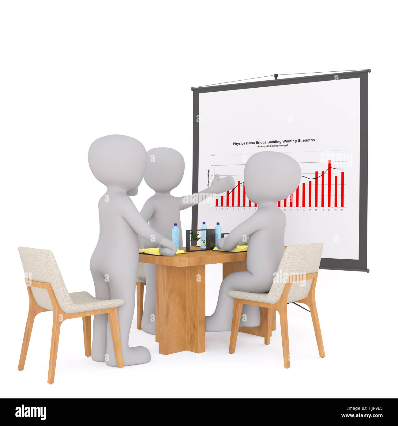 Team of 3d rendered cartoon businessmen discussing a chart at a meeting ...