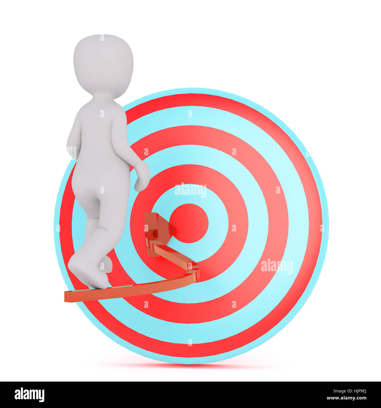 3D figure of man walking by curvy arrow pointing to his target. Render ...