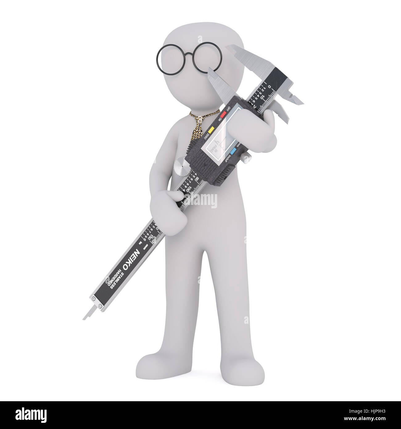 3D man in spectacles and necktie holding big measurement tool calipers ...