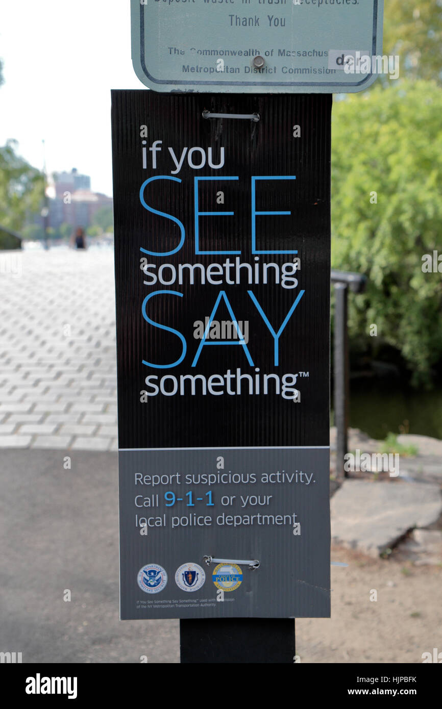 "If you see something say something" notice on the Charles River ...