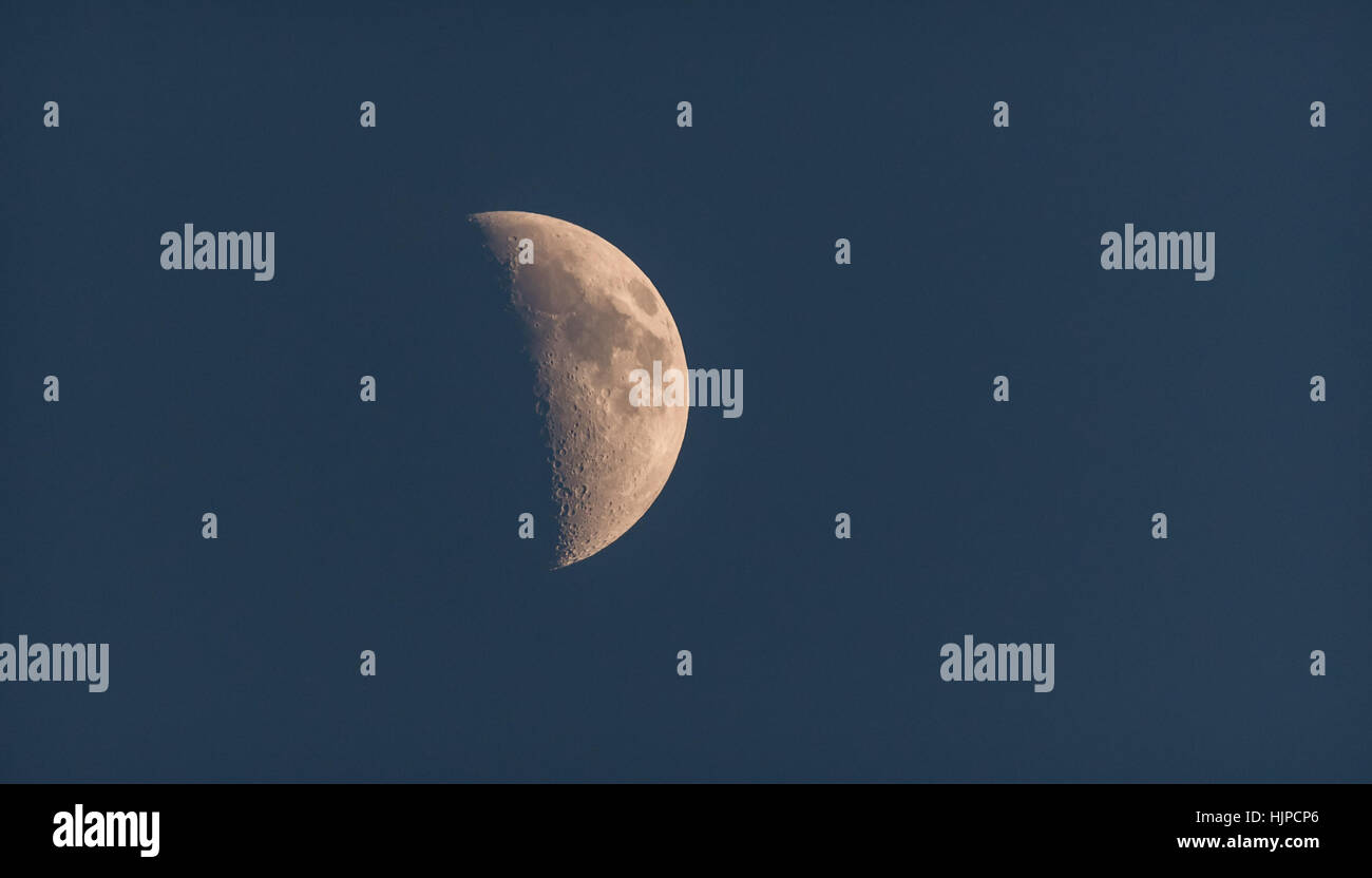 Moonshine and the moon shines in the dusky evening sky. Half moon ...