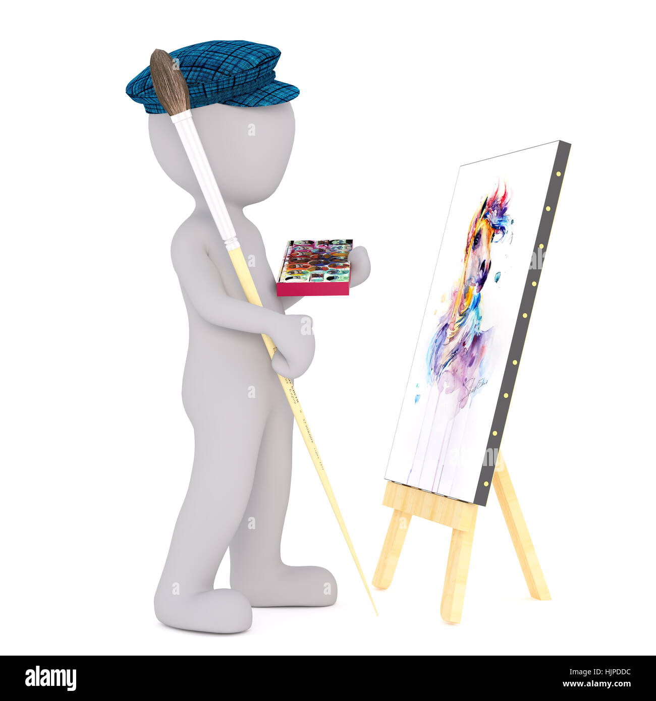 3d toon artist with palette painting picture on canvas, white ...