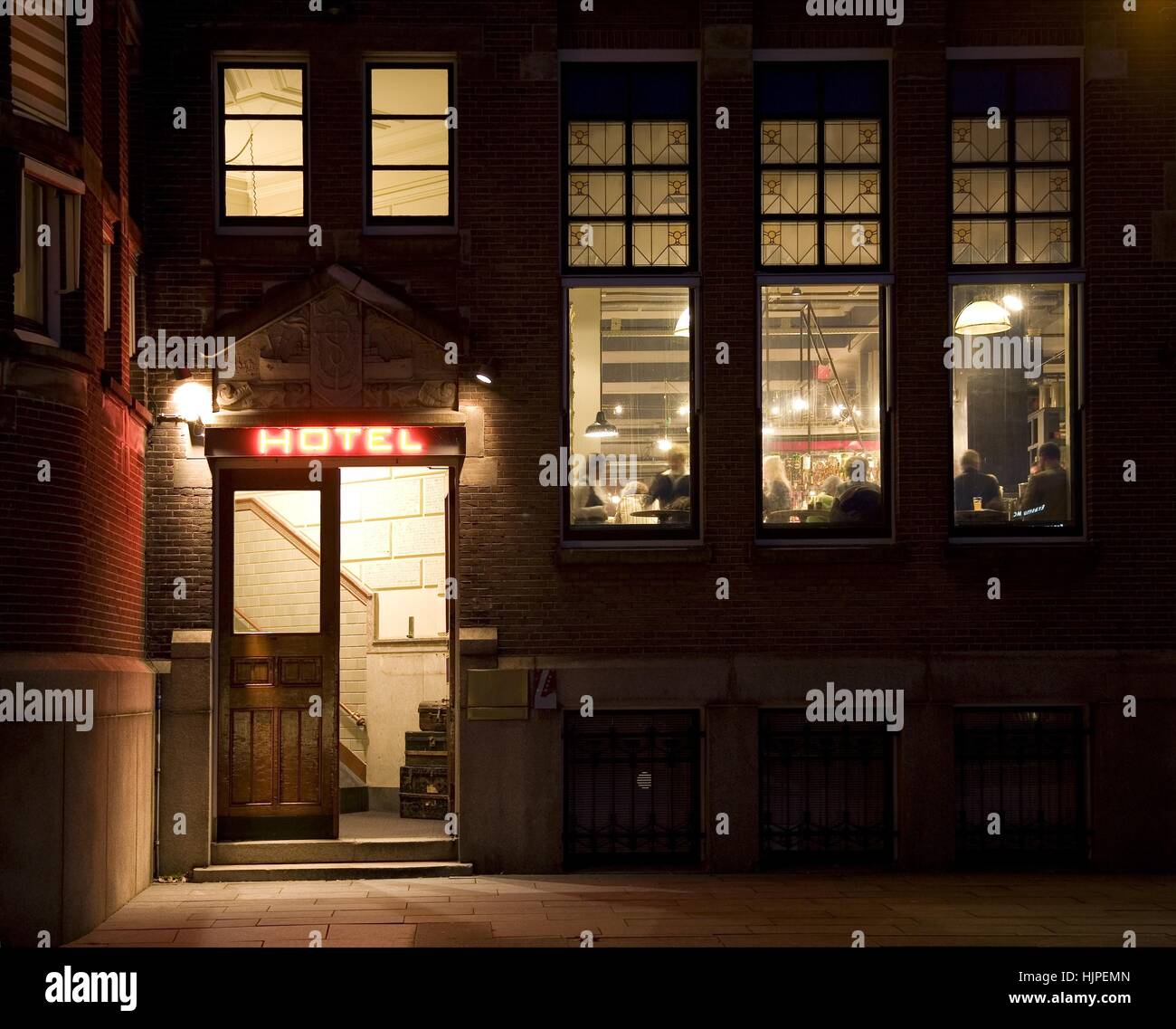 restaurant, hall, stairs, night, nighttime, entrance, door, blank ...