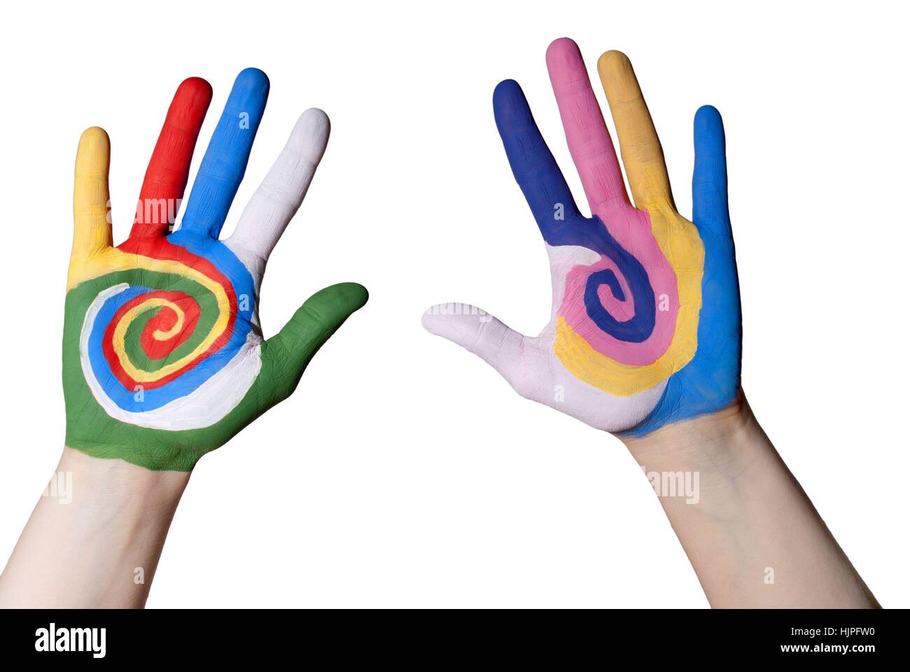 two hands painted with many colors symbolizing joy, isolated Stock ...