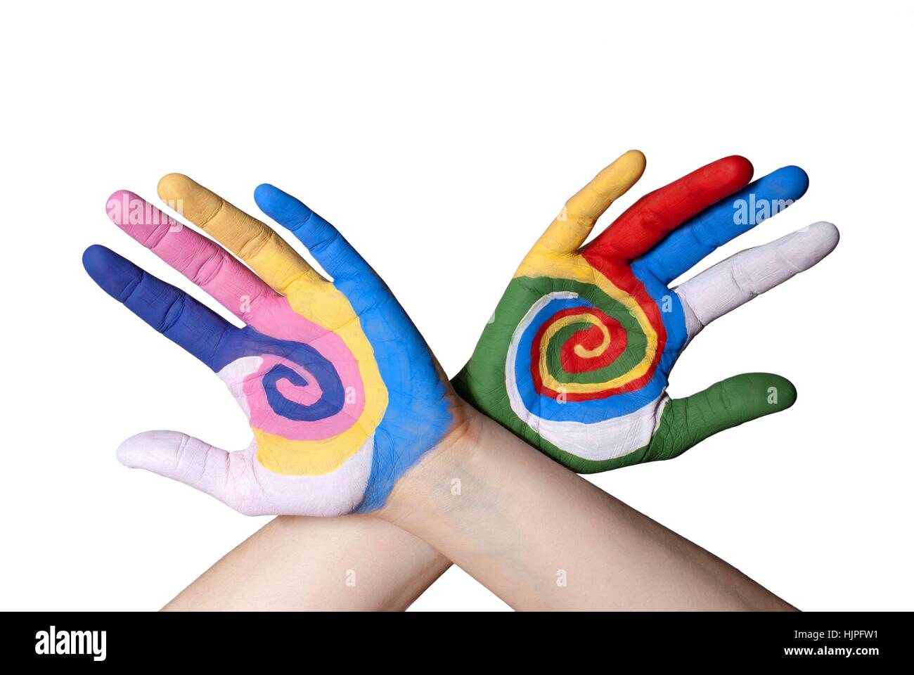 two colorful painted hands crossed, isolated Stock Photo - Alamy