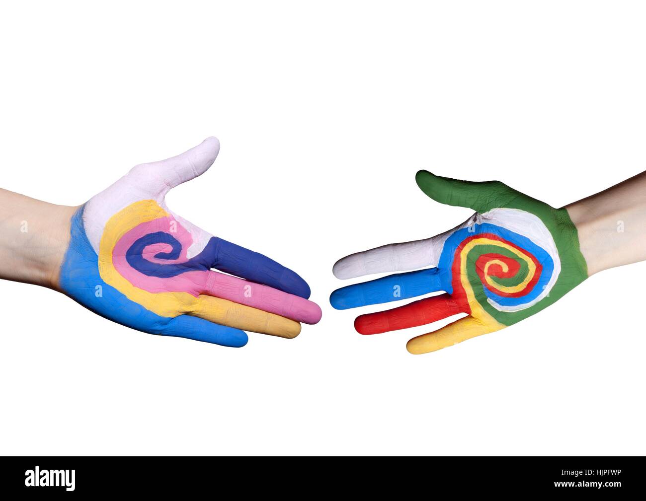 a handshake between two colorful painted hands, isolated Stock Photo ...