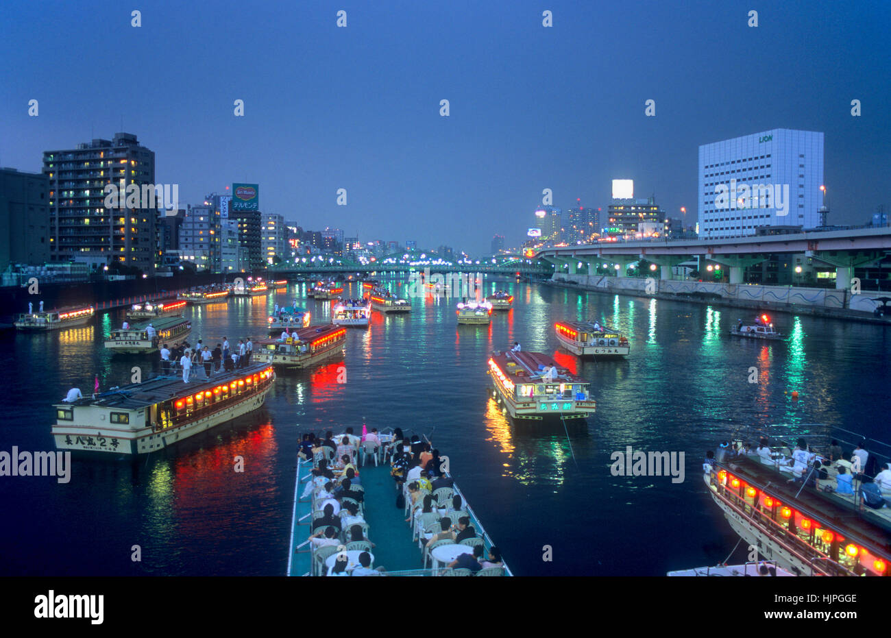 Asakusa.Ships in Sumida River, near Azuma bashi Bridge.Tokyo city ...