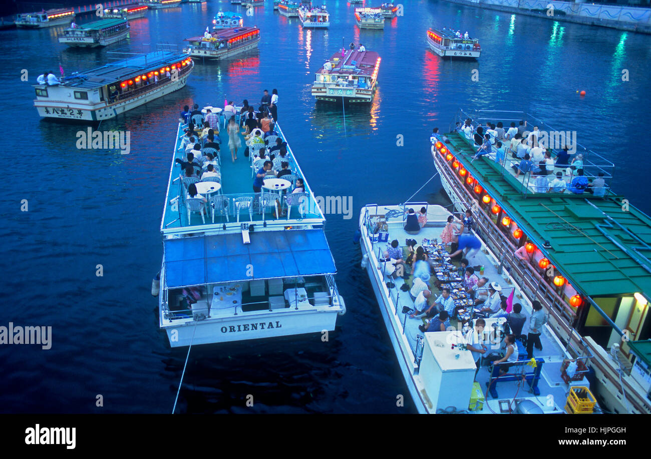 Asakusa.Ships in Sumida River, near Azuma bashi Bridge.Tokyo city ...