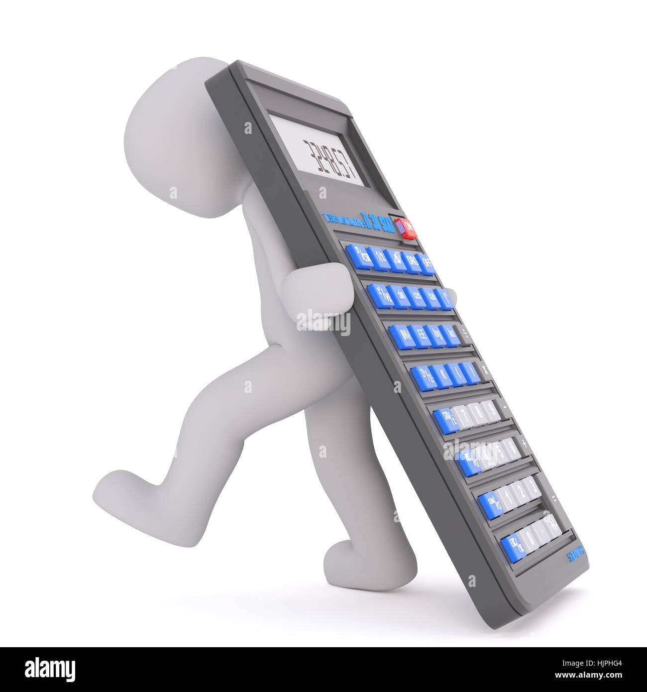 3D man walking bearing his giant calculator behind his back, faceless ...