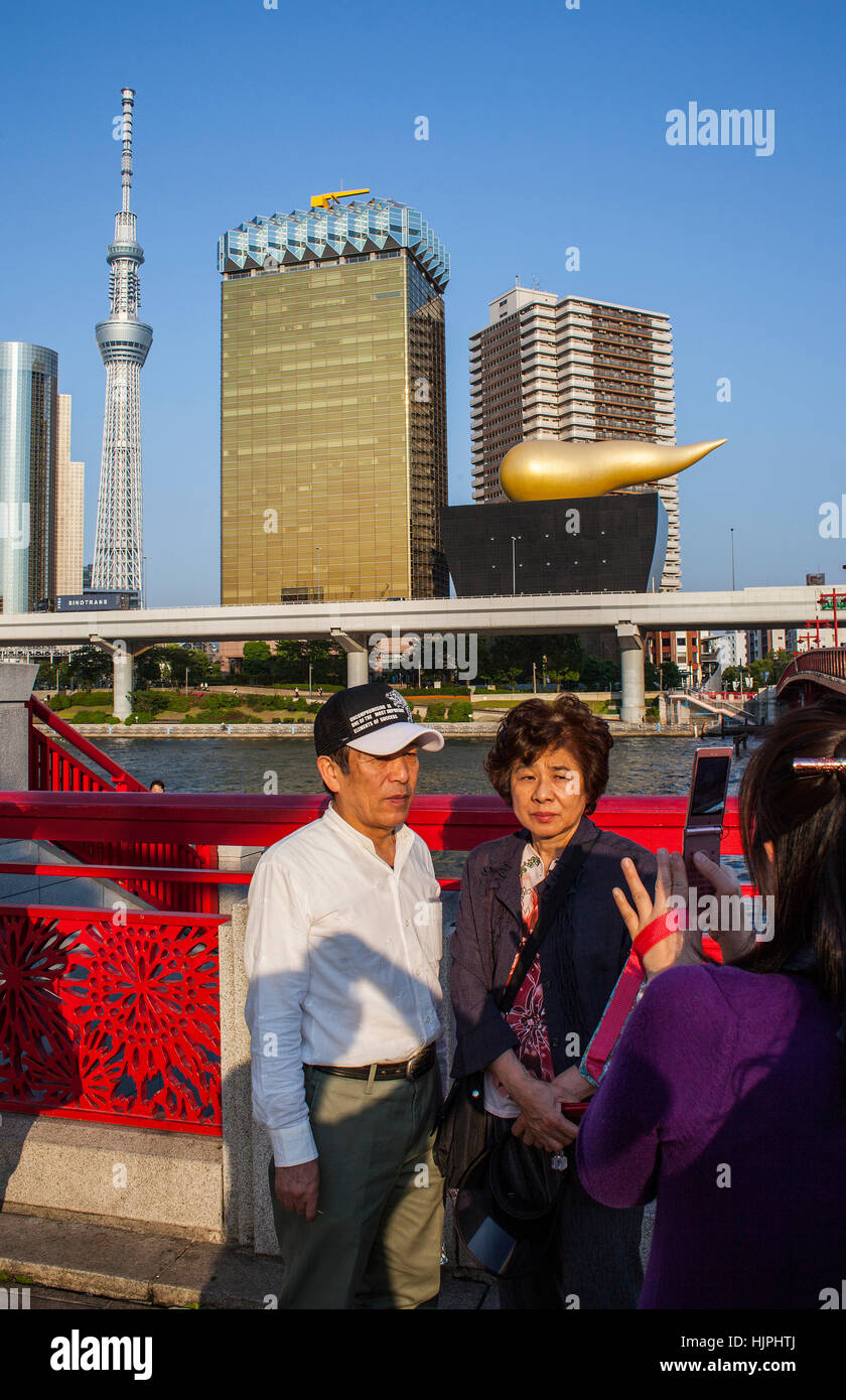 Skytree tower and Asahi building from Azuma bridge, sumida river ...