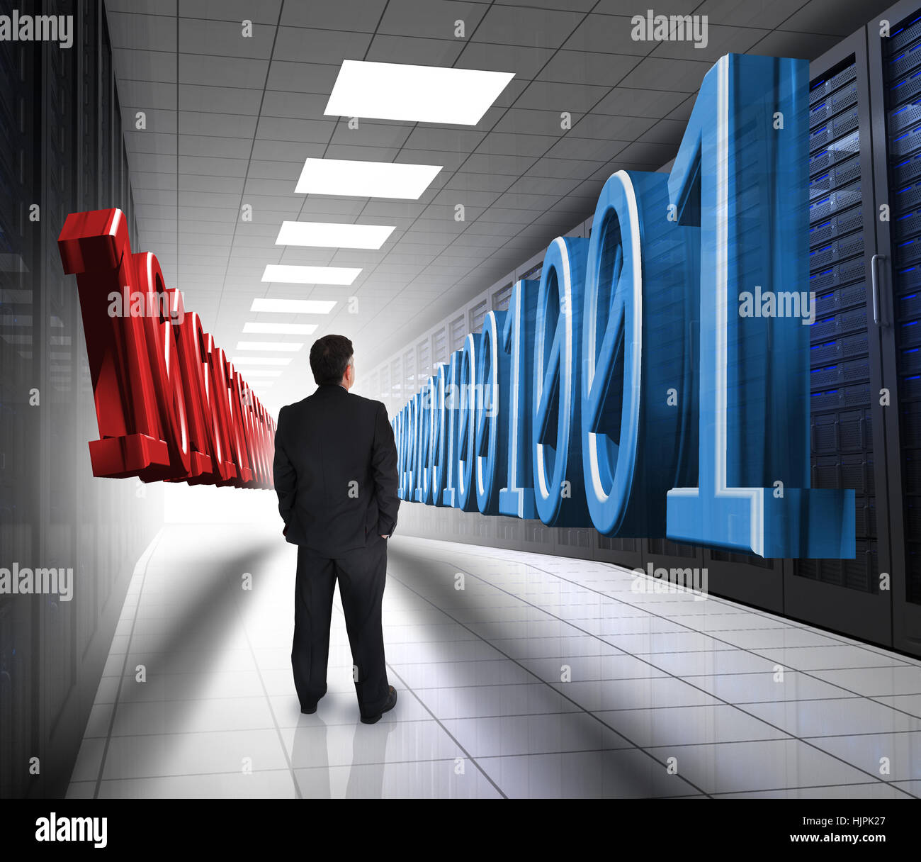 Businessman looking at 3d blue and red binary code in data center ...