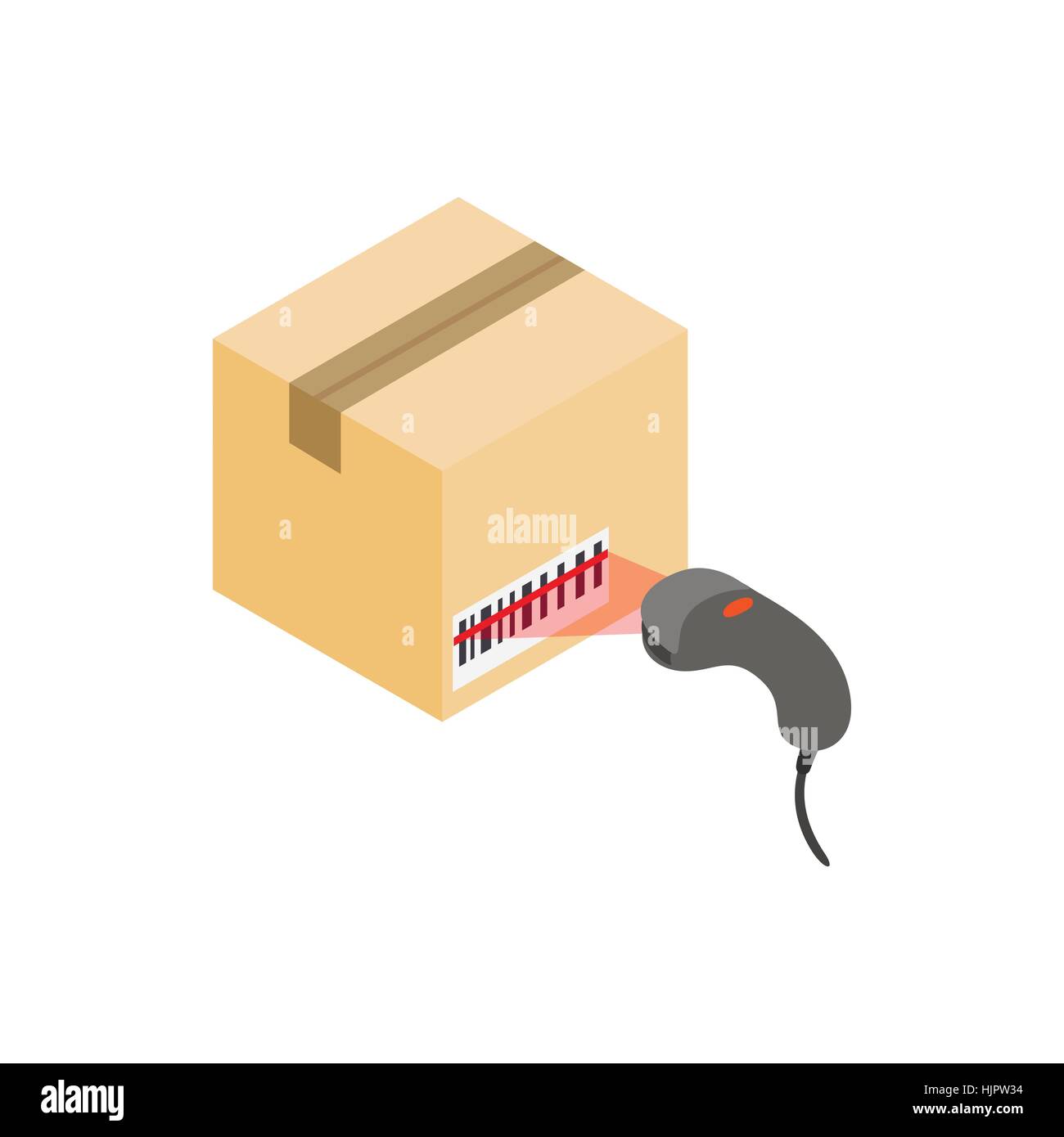 Scanning label on the box with barcode scanner icon in isometric 3d ...