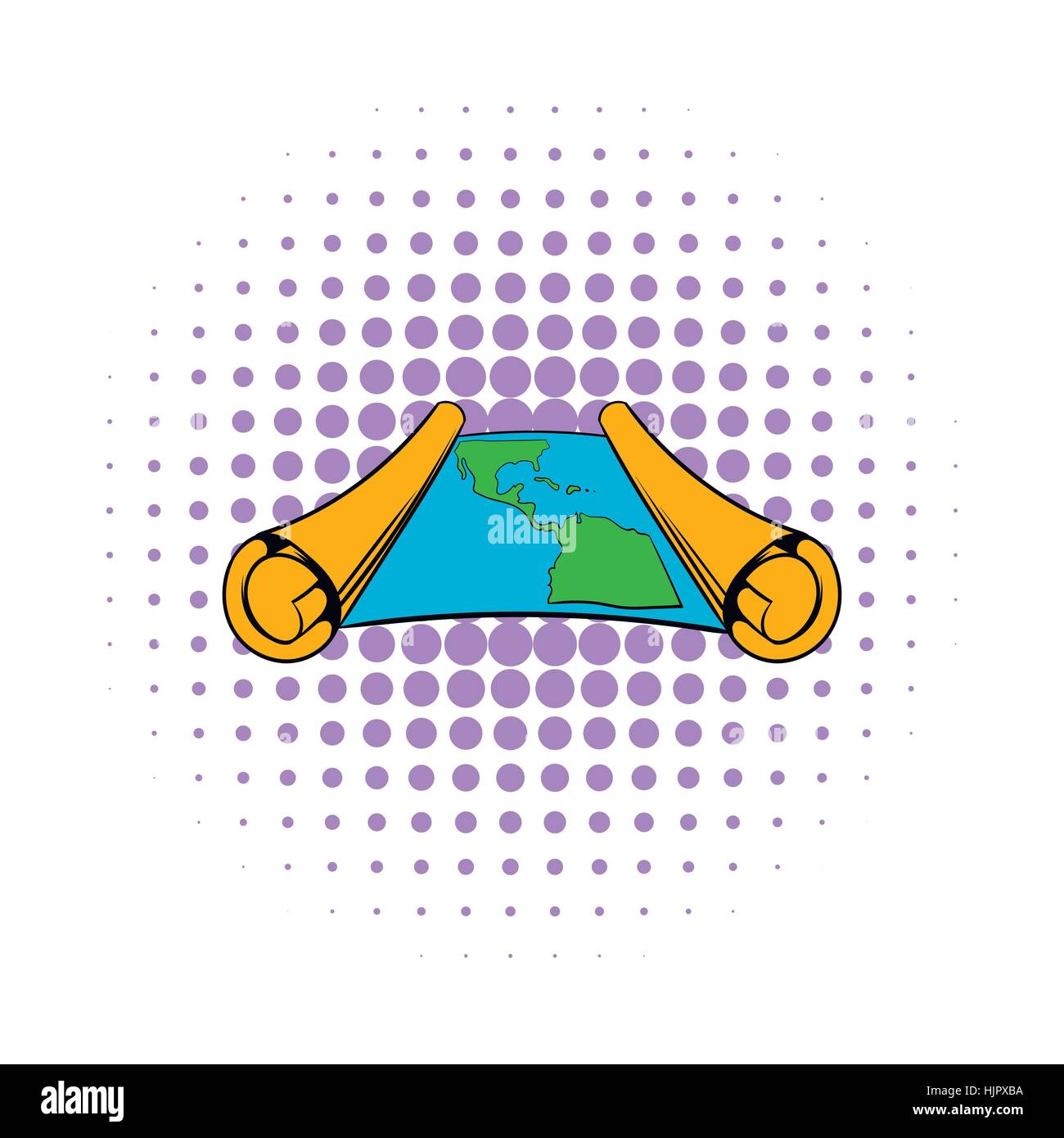 Ancient scroll with map icon in comics style on a white background ...