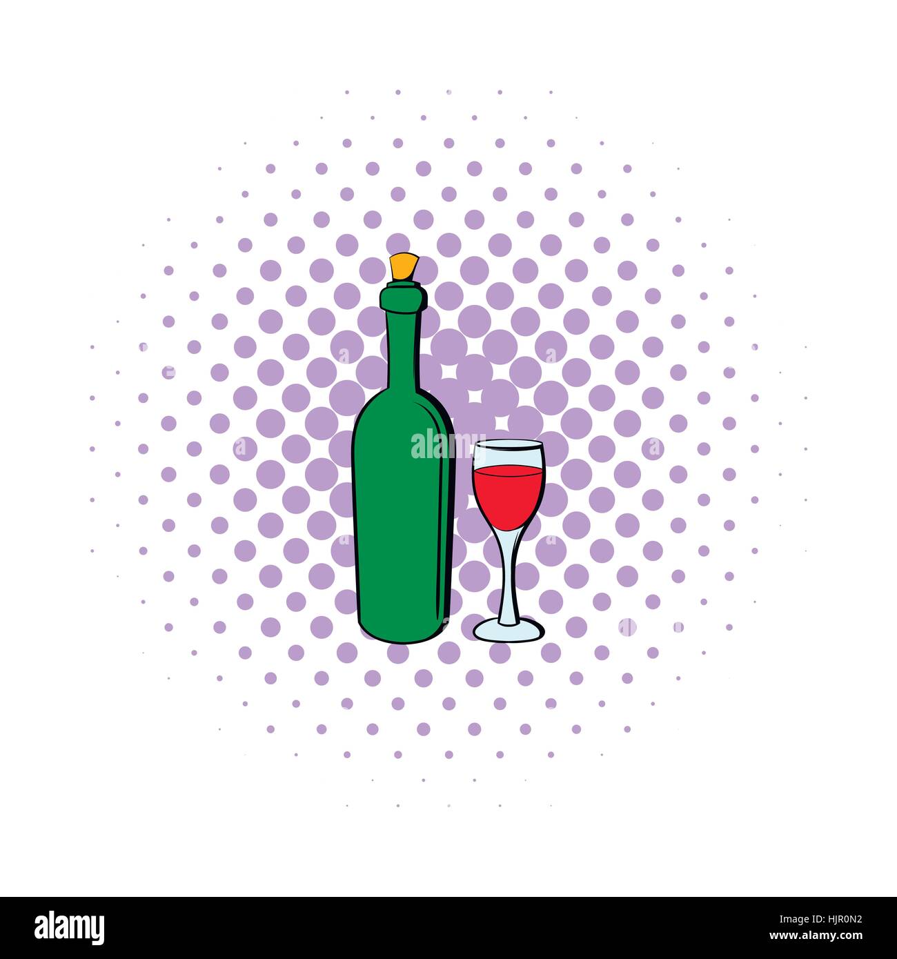 Wine bottle and wine glass icon in comics style on a white background ...