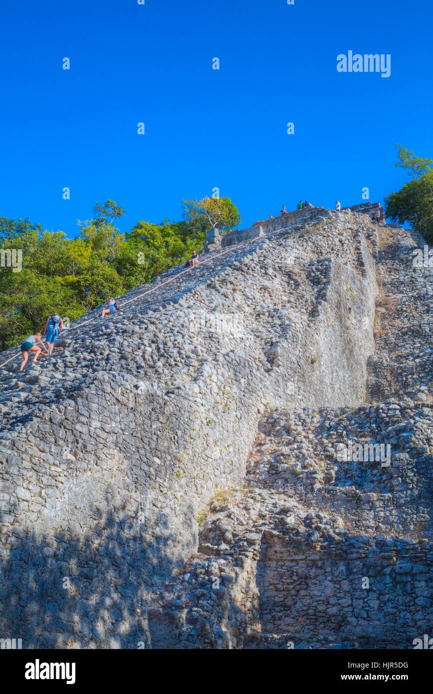 Tourists Climbing the Temple, Nohoch Mul Temple, Coba, Quintana Roo ...