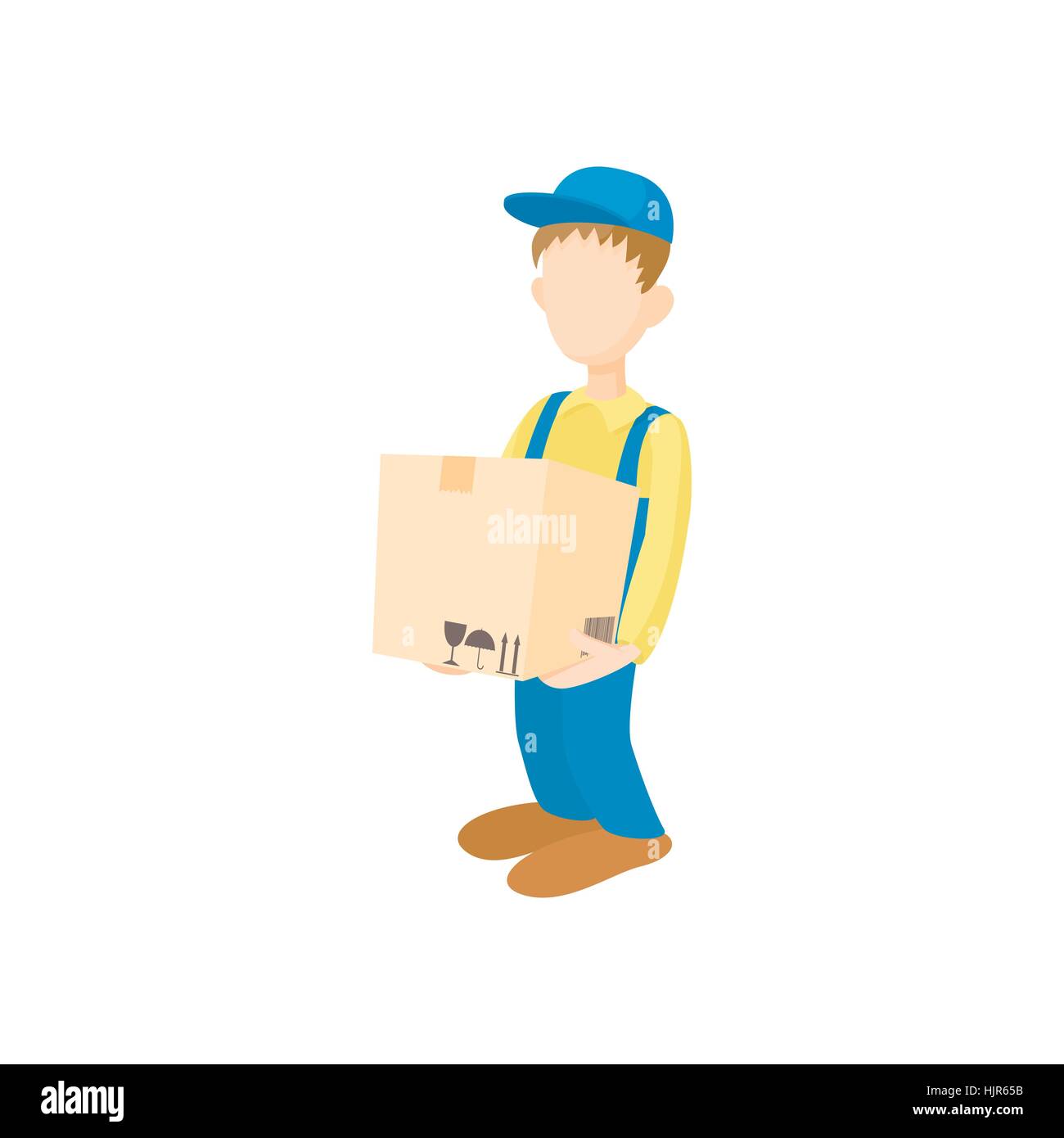 Delivery man holding and carrying cardbox icon in cartoon style on a ...