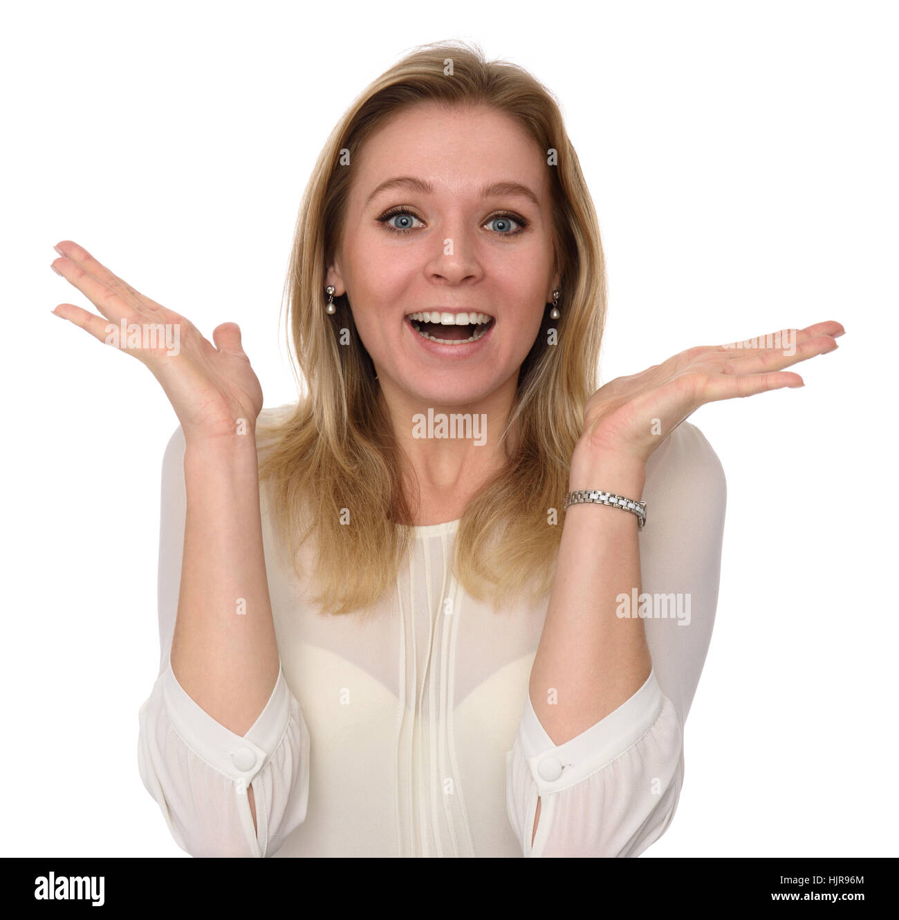 happy surprised young woman. Isolated on white background Stock Photo ...