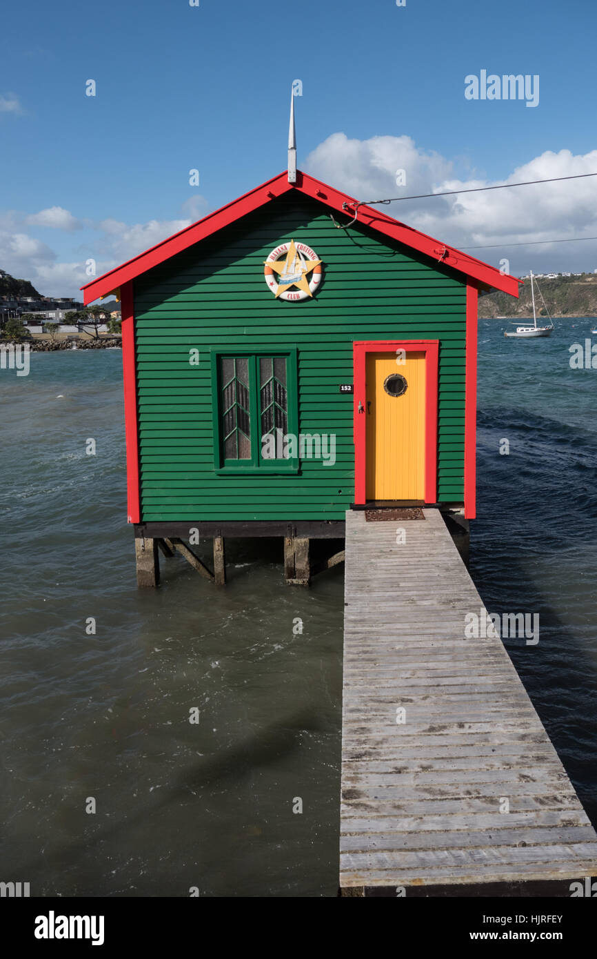Colourful hut on stilts, coastal area at Evans Bay Parade on the ...