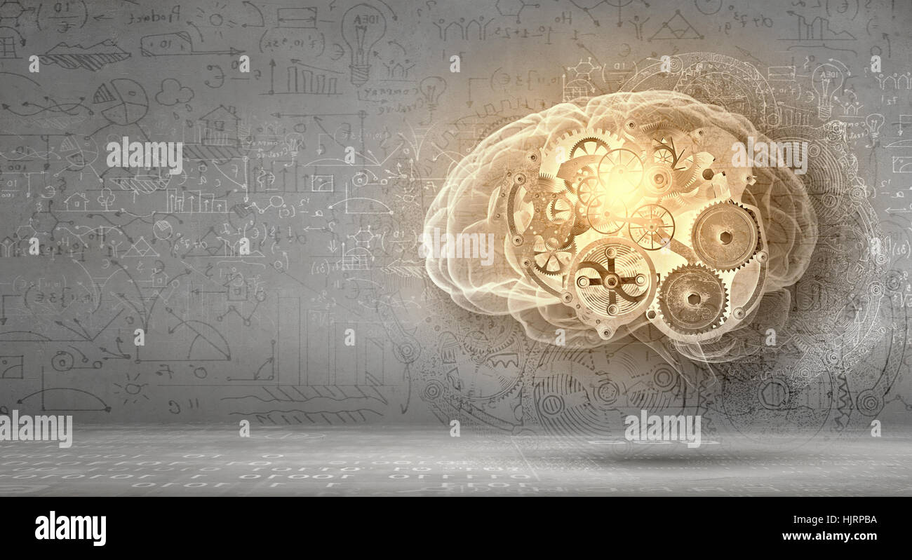 Model of human brain and cogwheel mechanism Stock Photo - Alamy