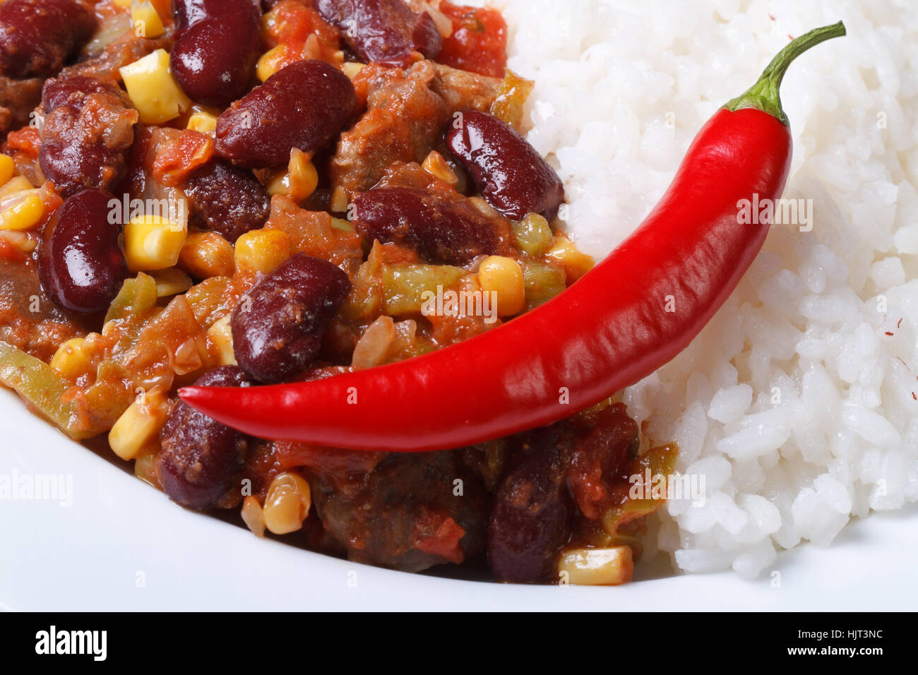 Tasty food: chili con carne and rice macro horizontal top view Stock ...