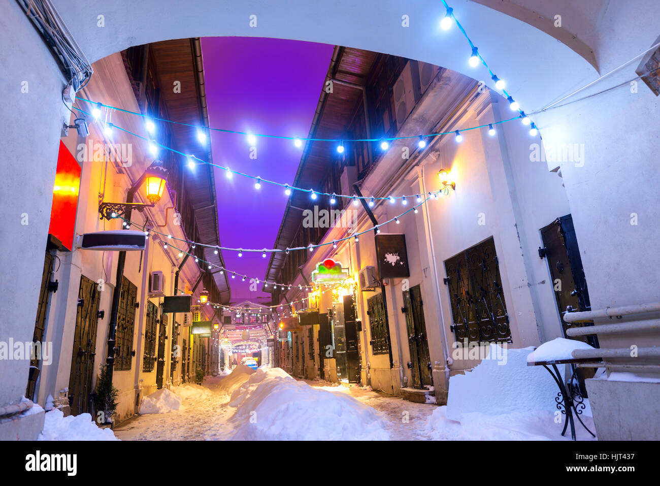 Night street scene in Bucharest old city, with christmas lights Stock ...