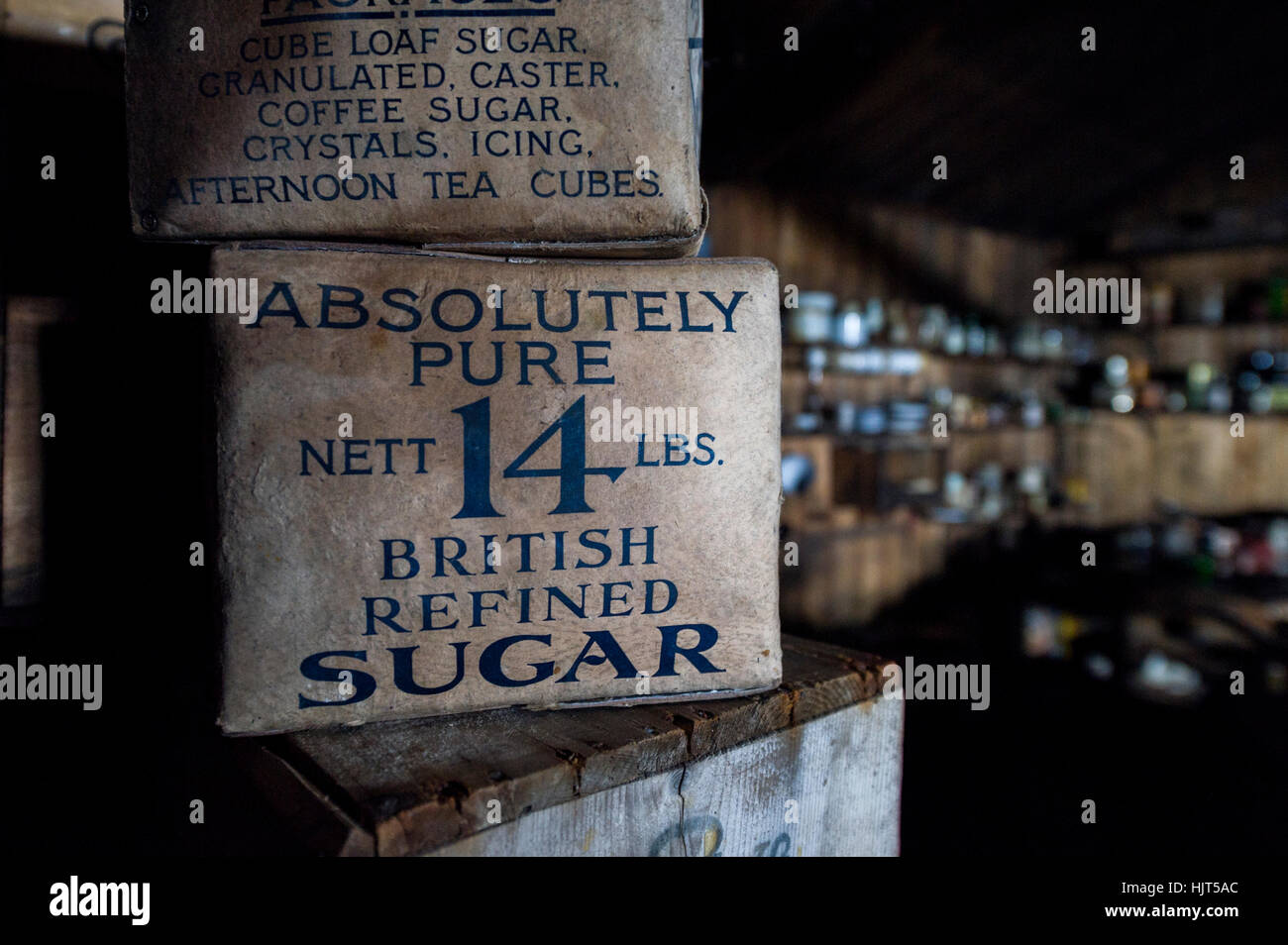 Sugar boxes stacked in the kitchen of the hut of Antarctic explorer ...