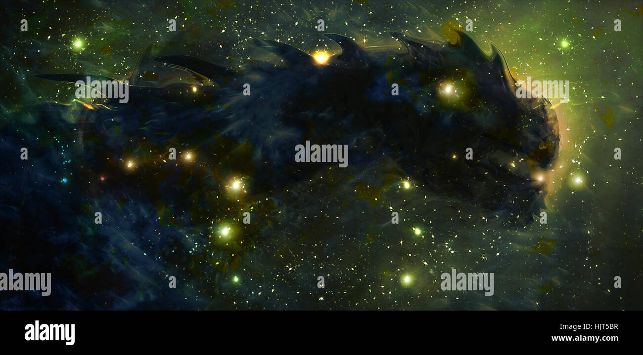 Cosmic dragon in space and stars, green cosmic abstract background ...