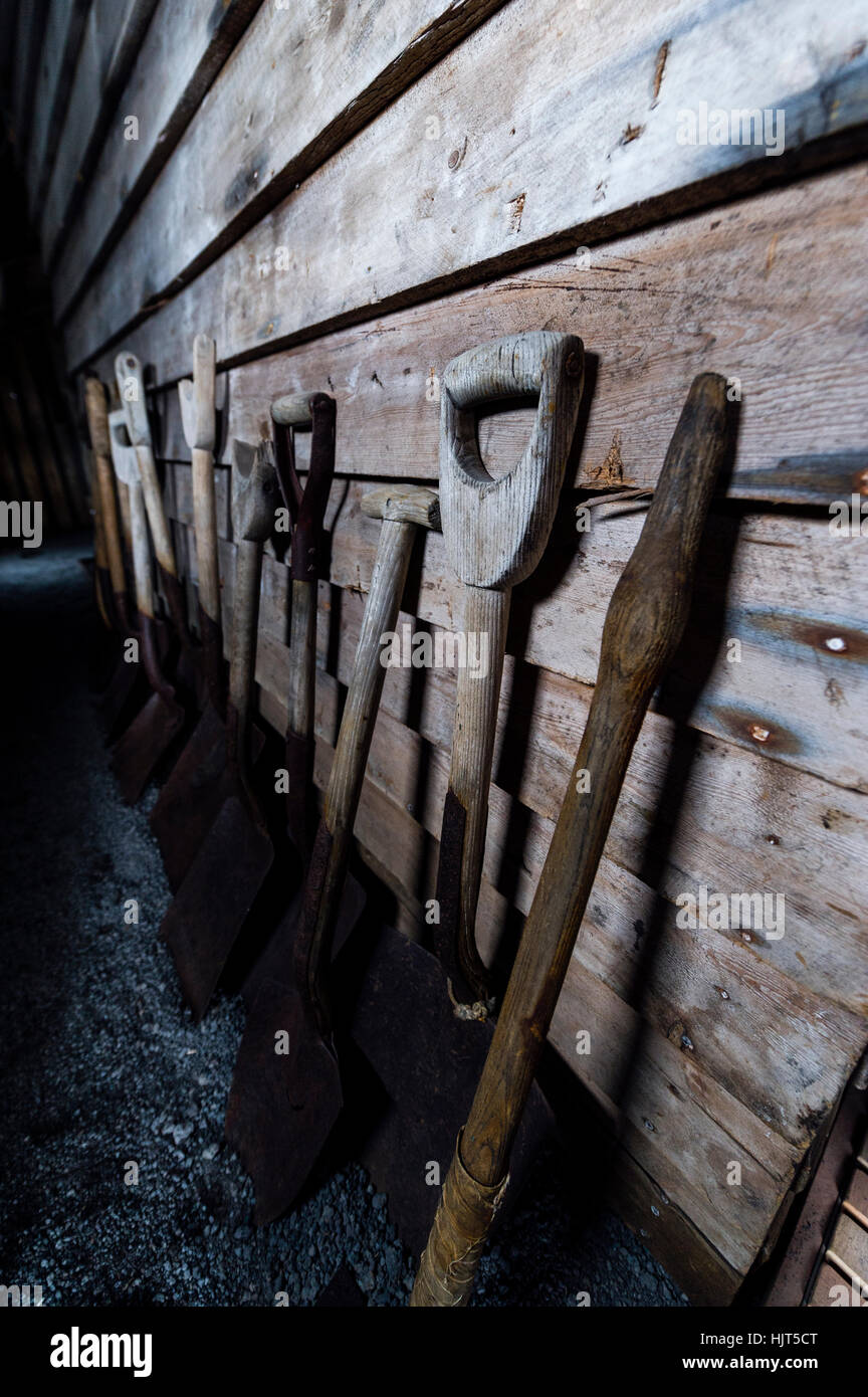 Snow shovel handles lined-up in the hut of Antarctic explorer Robert ...