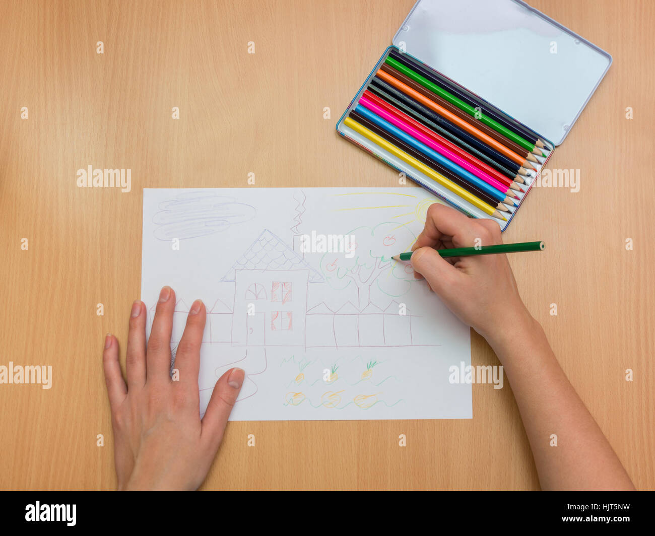 hand painted drawing with colored pencils on paper, close-up, top view ...