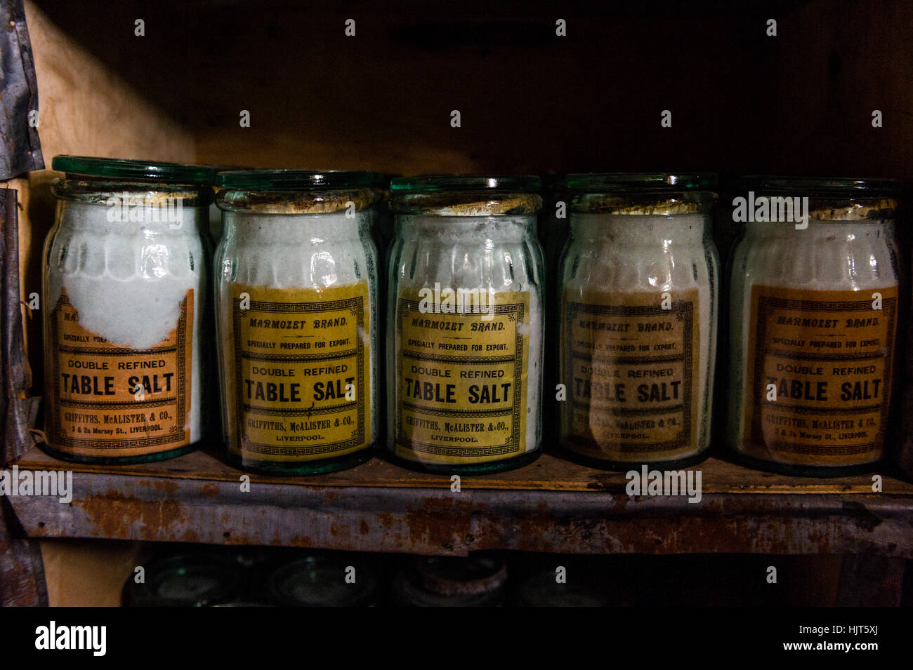 Jars of table salt in Antarctic explorer Ernest Shackleton's hut Stock ...