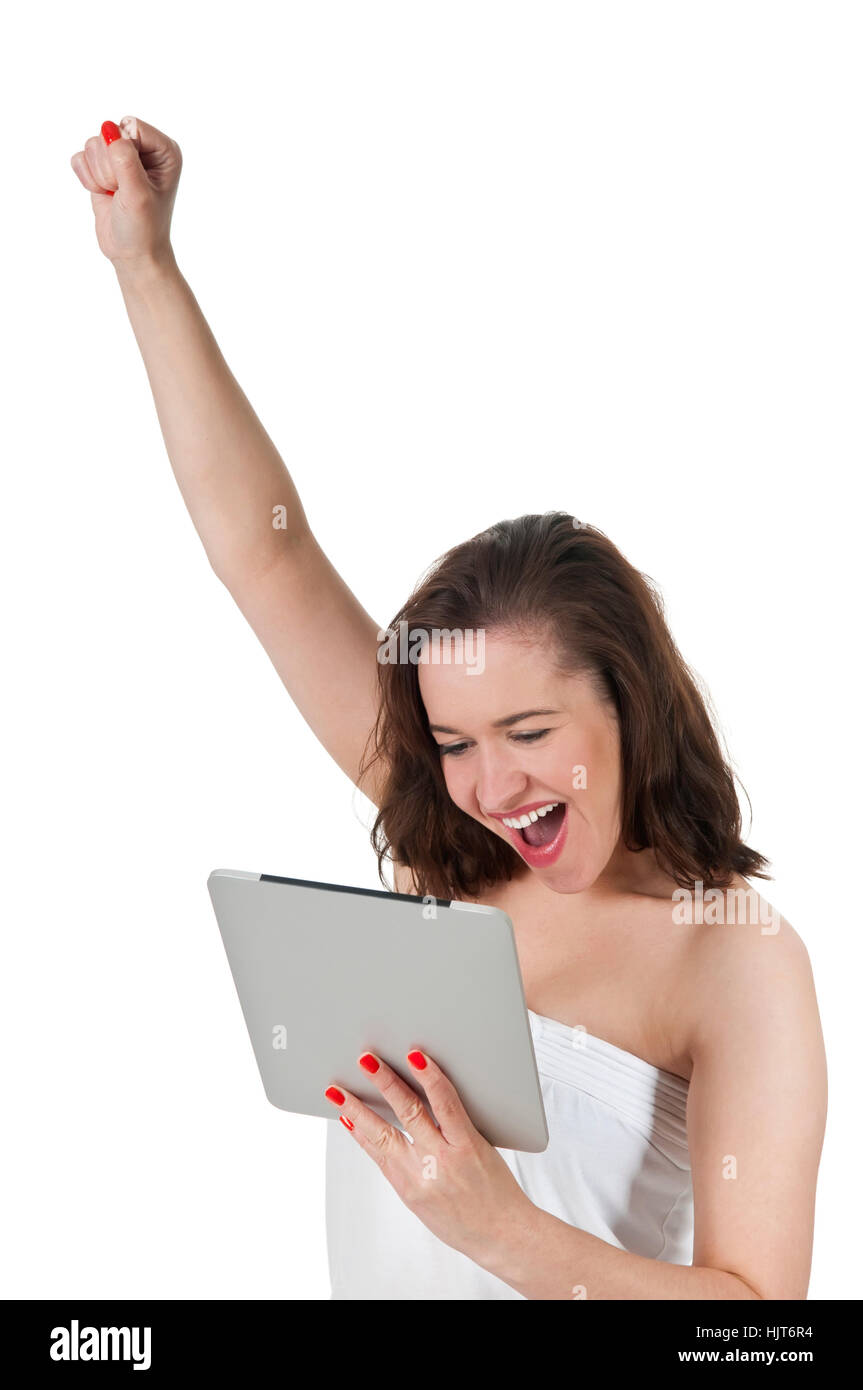 woman cheering with digital tablet Stock Photo - Alamy