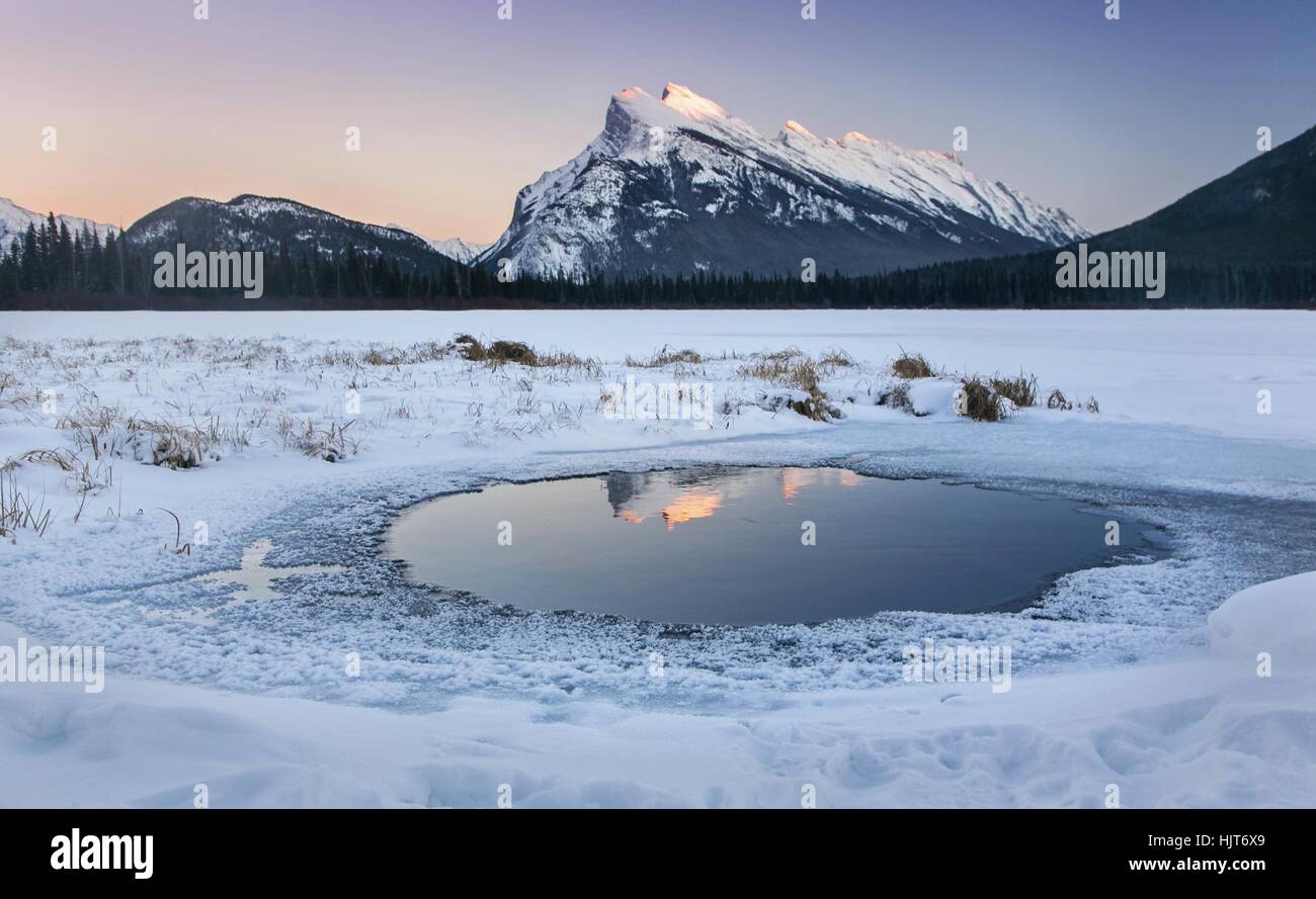 Vermilion Lakes, Distant Rundle Mountain Winter Landscape Scenic View ...