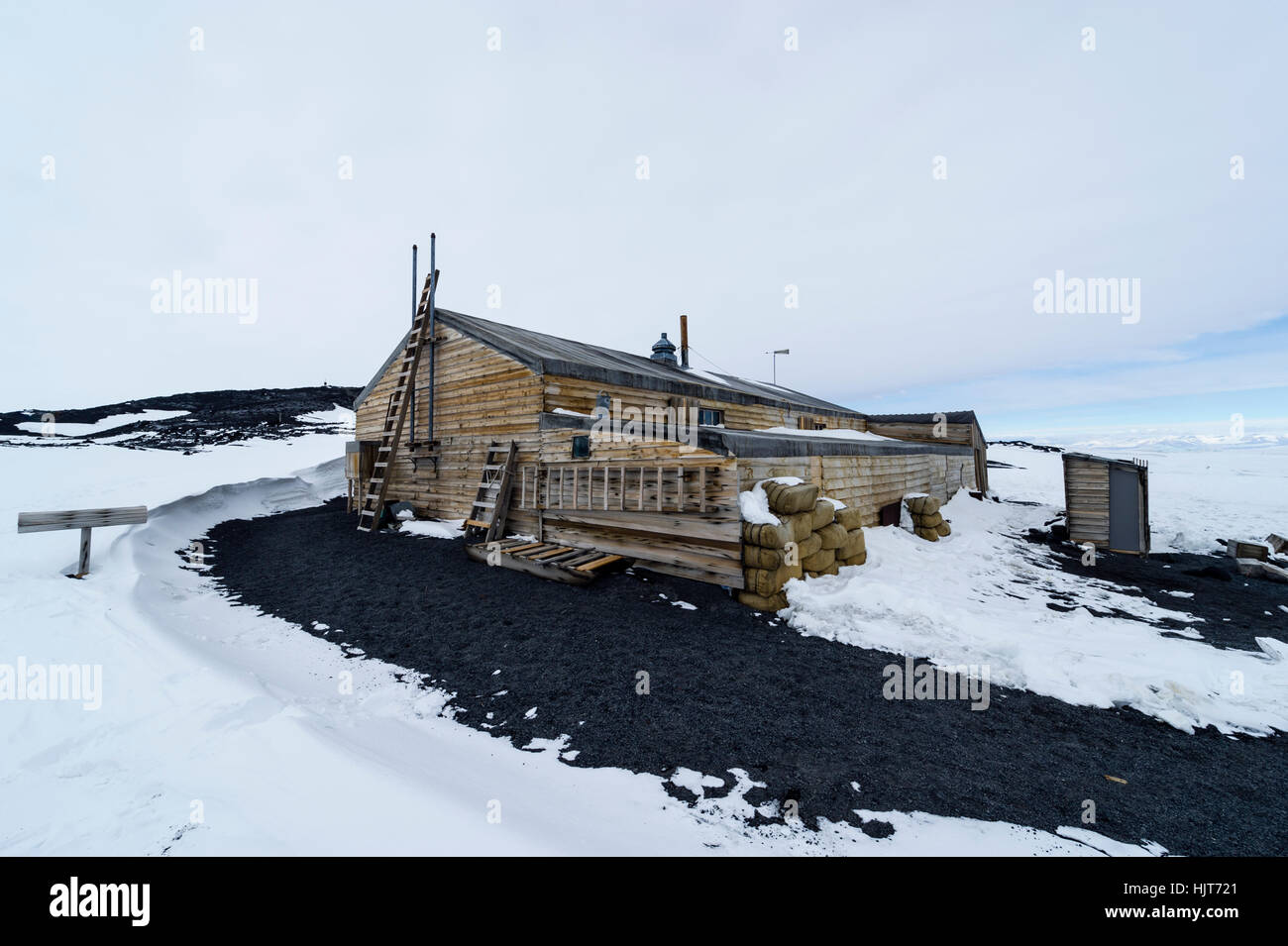 The weathered walls and window shutters of the Antarctic explorer ...