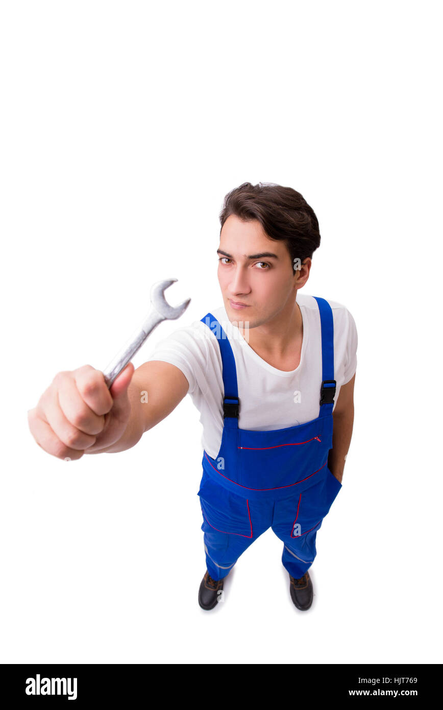 Funny repairman with tools isolated on white Stock Photo - Alamy