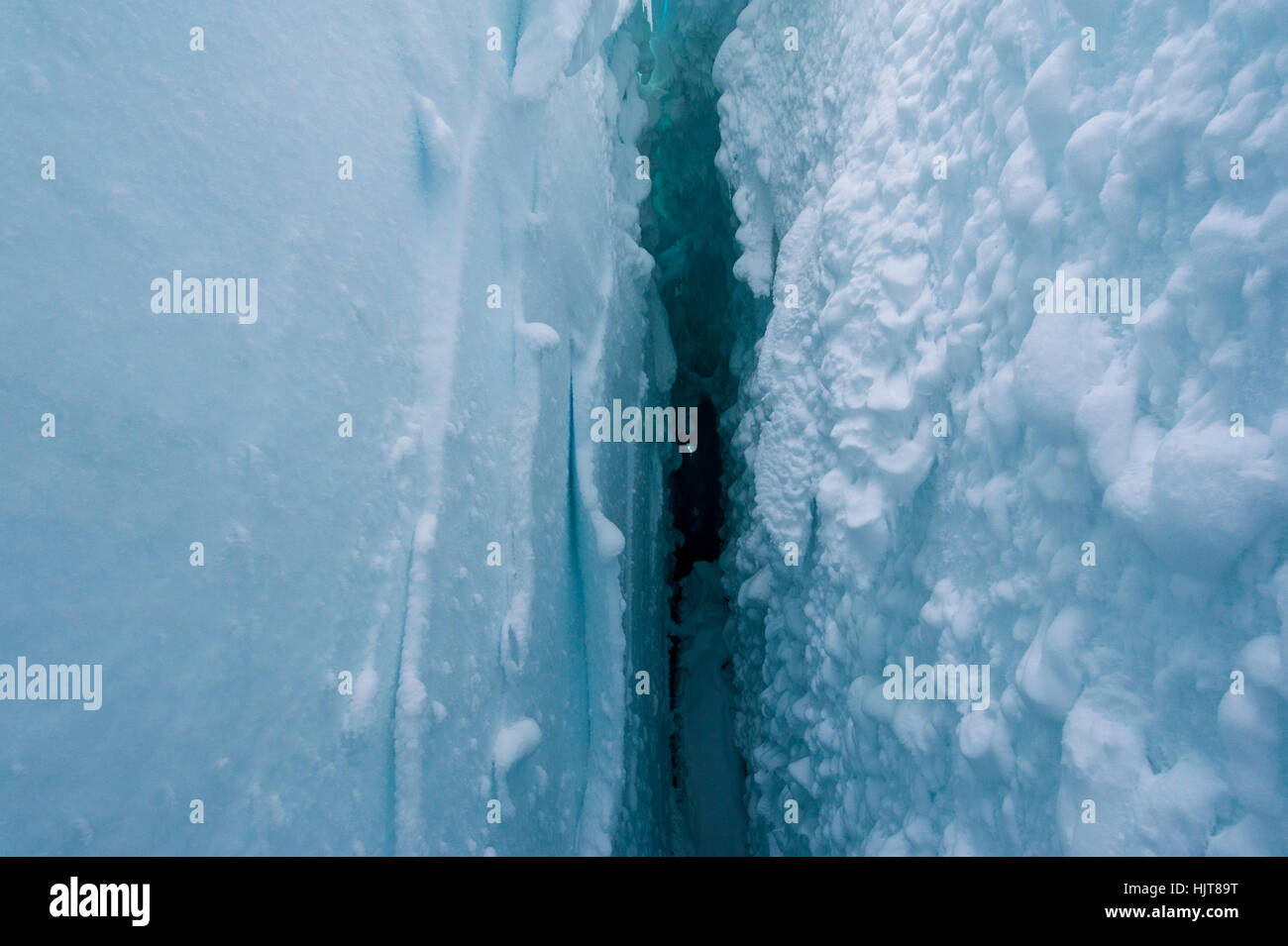 Snow crystals on the cavernous and sheer icy walls of a crevasse on the ...