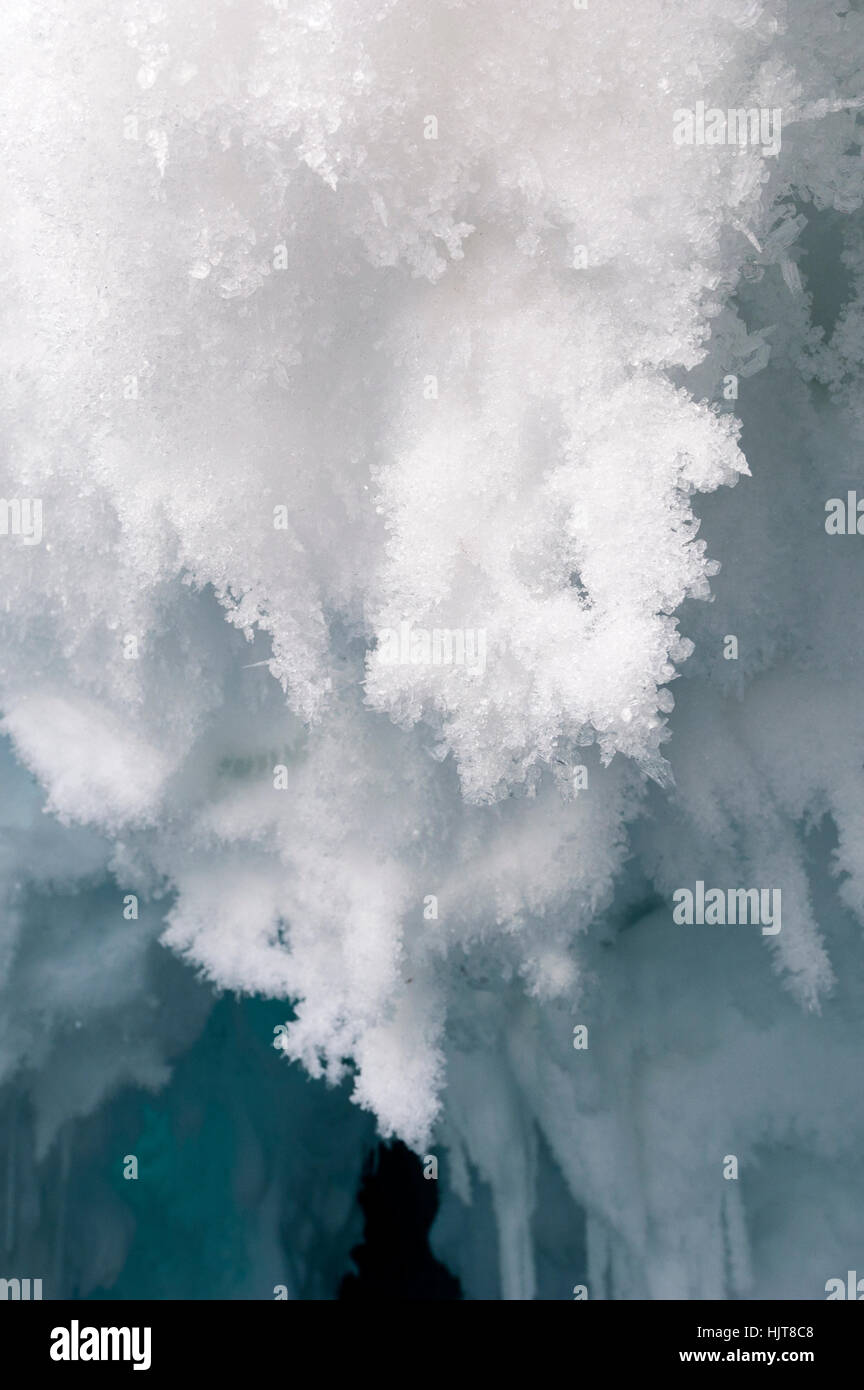 Snow crystals on the ceiling of a crevasse on the slopes of Mount ...