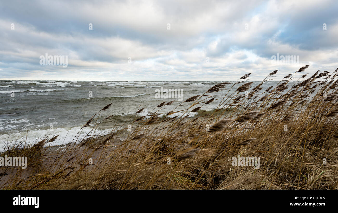 rocky sea beach with wide angle perspective over the sea clouds Stock ...