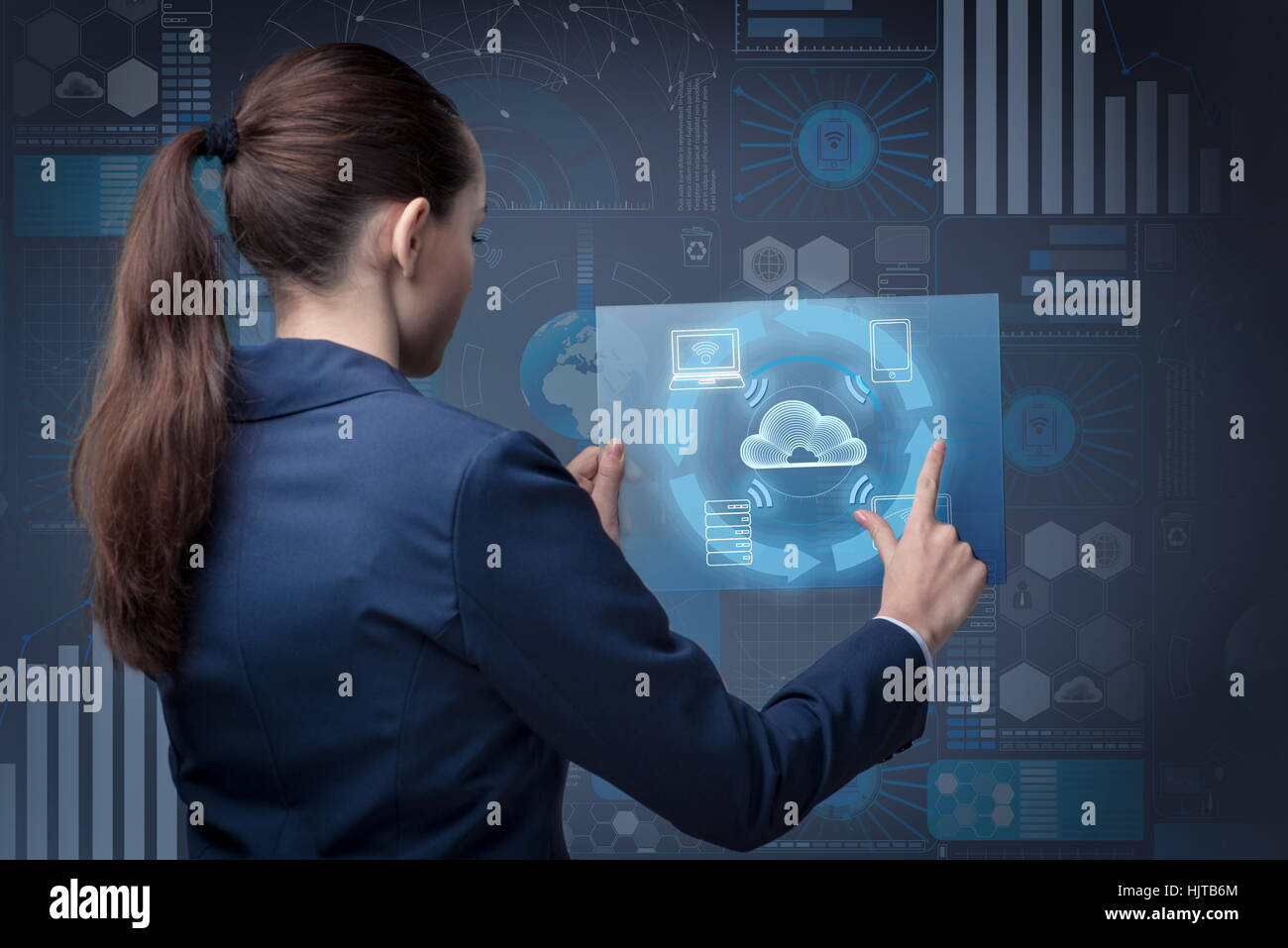 Businesswoman in cloud computing concept Stock Photo - Alamy