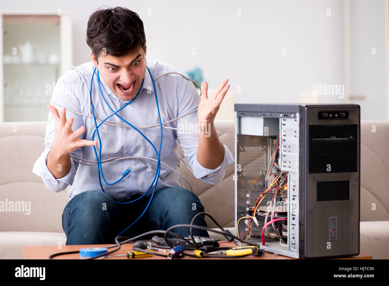 Frustrated man with broken pc computer Stock Photo, Royalty Free Image ...