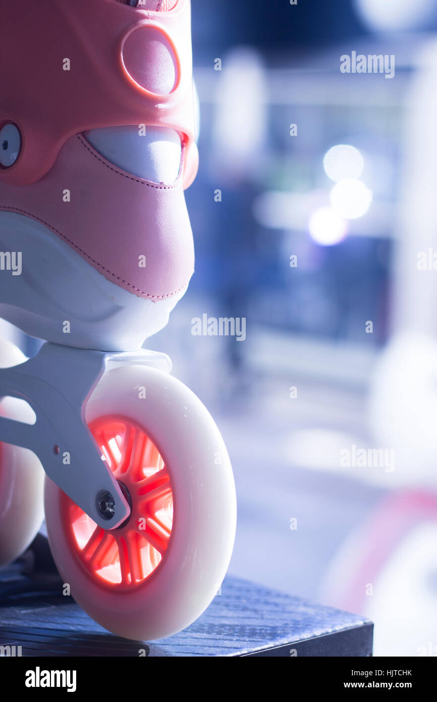 Inline freestyle new roller skates in retail skate shop window display ...