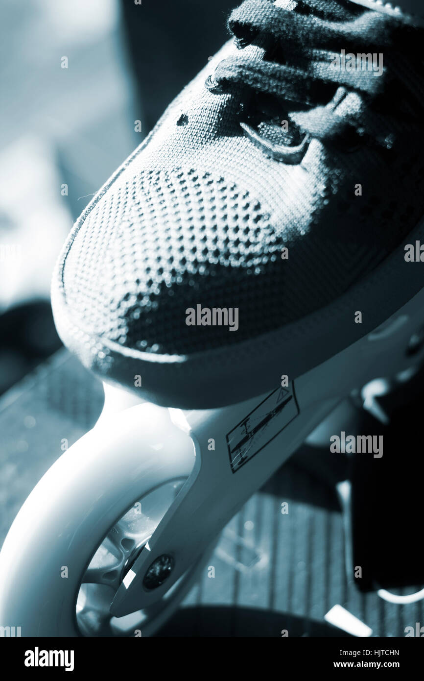 Inline freestyle new roller skates in retail skate shop window display ...