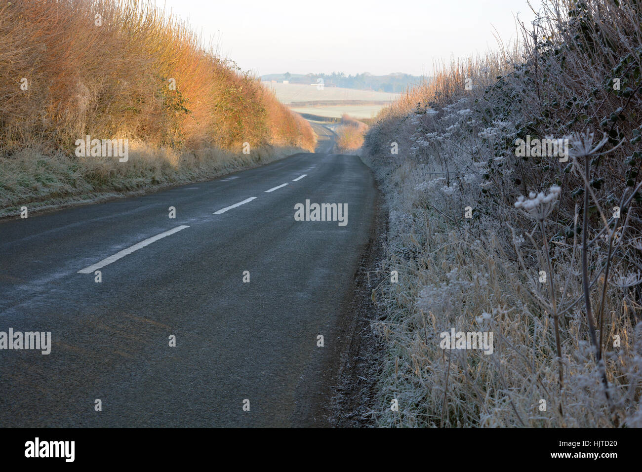 Heavy frost and black ice on country lane in Dorset, England Stock ...