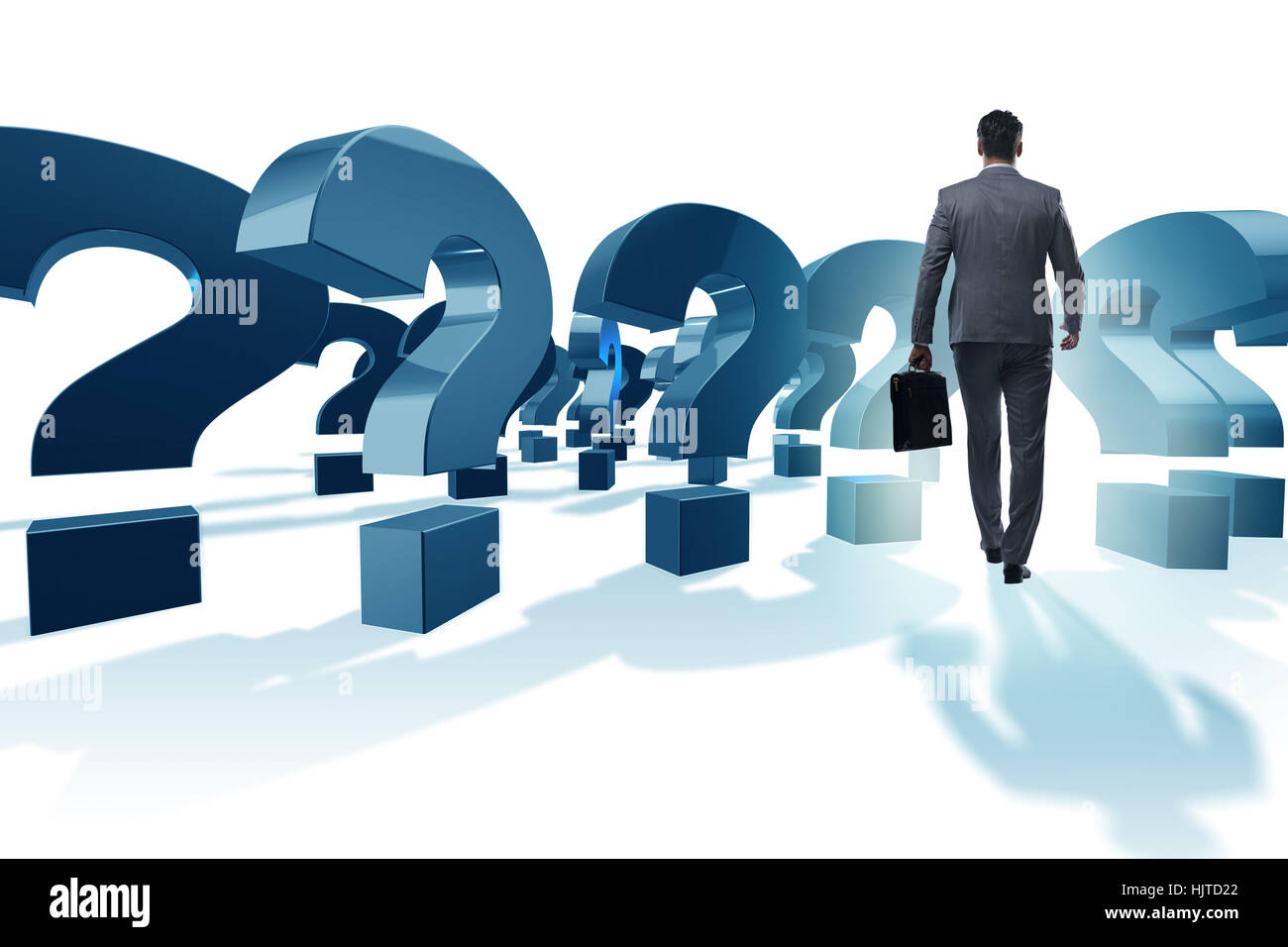 Businessman with question marks isolated on white Stock Photo - Alamy