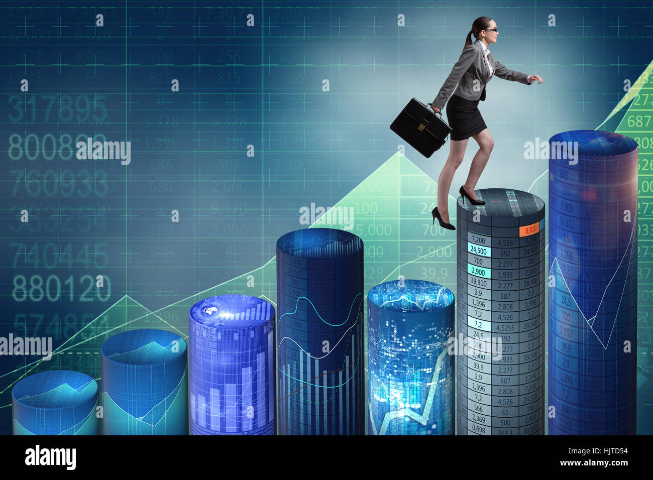 Businesswoman walking over bar charts Stock Photo - Alamy