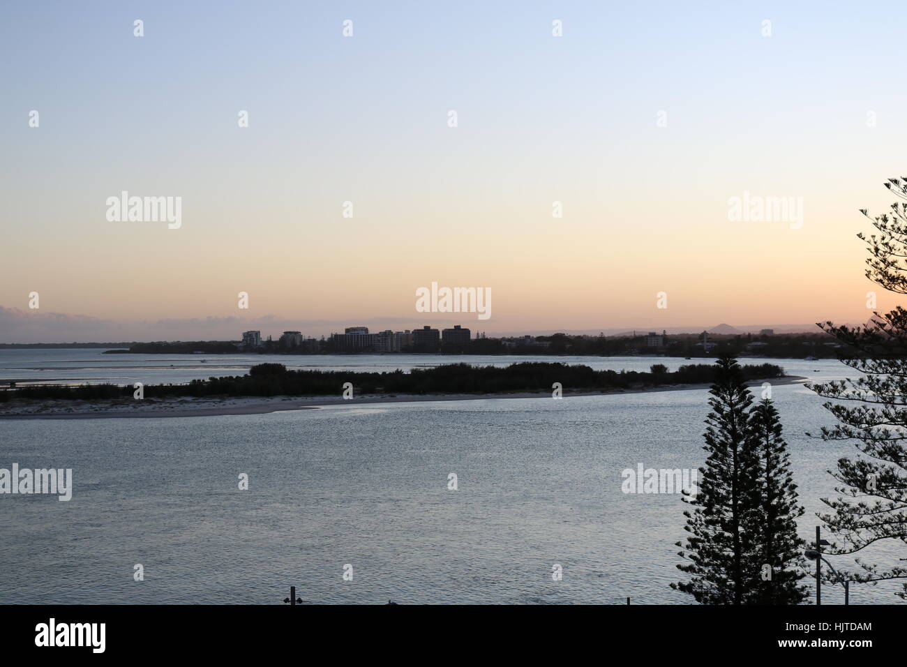 Sunset at Caloundra overlooking the North of Bribie Island Stock Photo ...